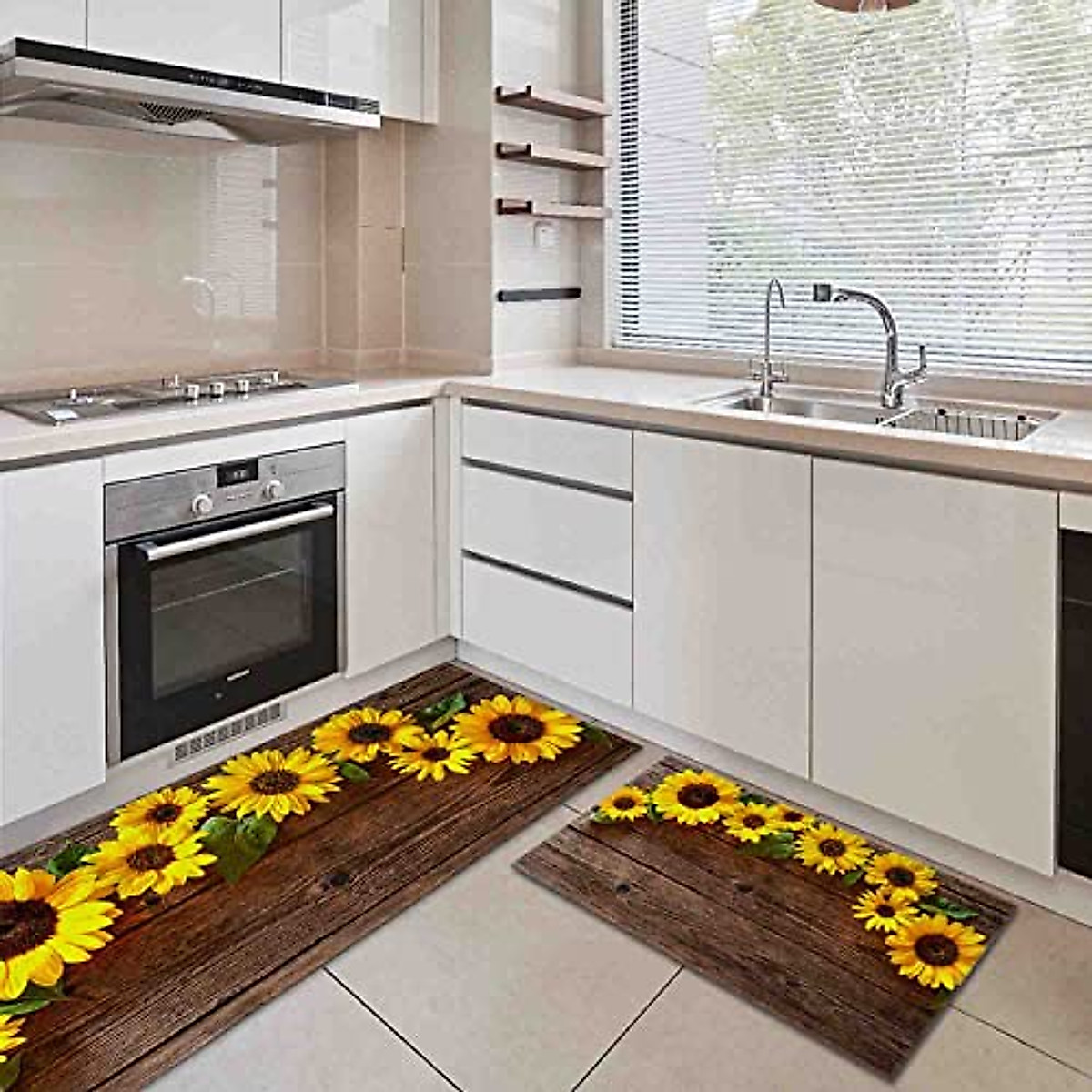 SDIZDIPK Kitchen Rugs Washable,A Bunch of Sunflowers Wood,Non Skid Anti-Fatigue Floor Mats for Sink,2 Pcs Set (52''X17''+ 26''X17''), 52x17