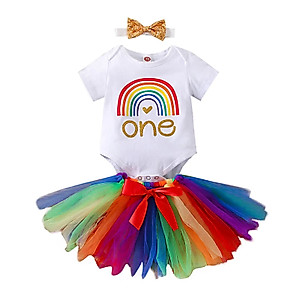 vivifayee Baby First Birthday Outfits Girl Cotton Romper Rainbow Samsh Cake Tulle Tutu Skirts with Bowknot Headband 3pcs Colorful One Year Old Girls Dress