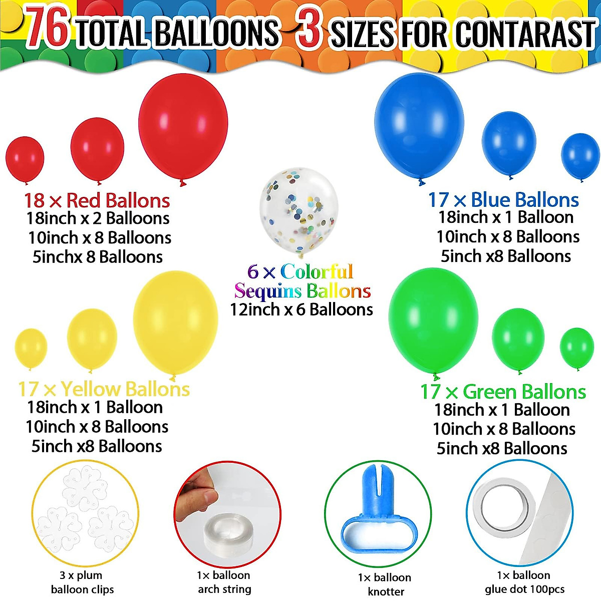 81 Pieces Color Building Block Party Decoration Set Building Block Balloon Arch and Background Kit Child Building Block Balloon Garland Photo Props