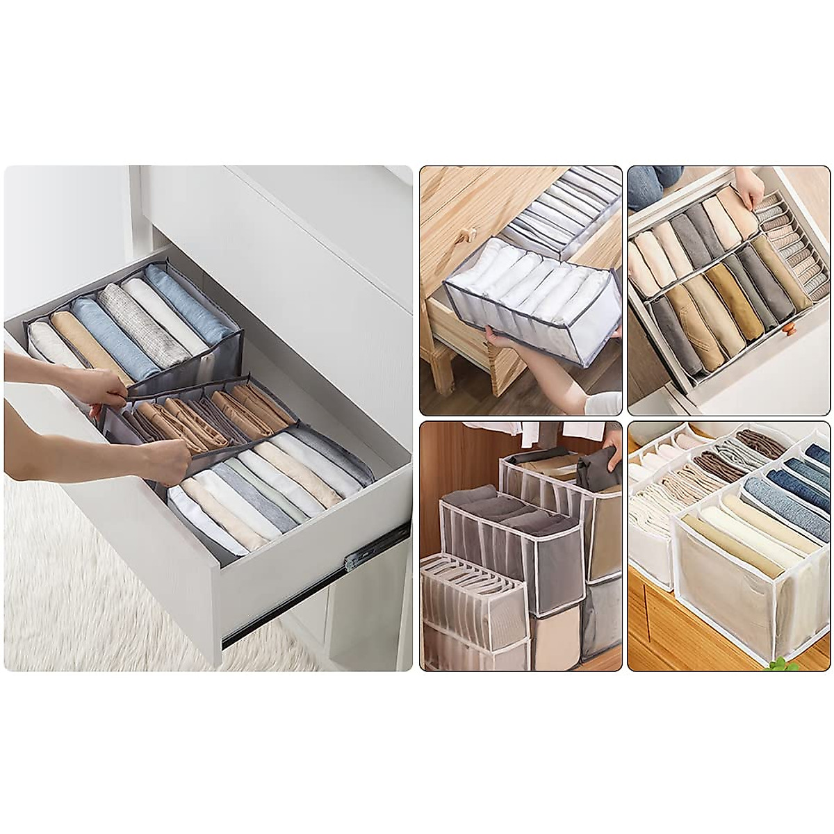 2 PCS Jeans Organization and Storage,7 Grids Wardrobe Clothes Compartment Organizer Storage Box,Washable Foldable Portable Closet Mesh Separation Box for Underwear,Leggings,Skirts,T-shirts,Jeans