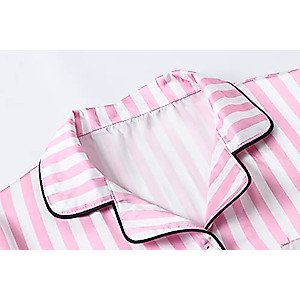 Silk Pjs for Women Set, Cute Silky Matching 2 Pcs Comfy Nightwear Button Down Sexy Soft Satin Summer Pj Short Set, D Pink Stripe, X-Small