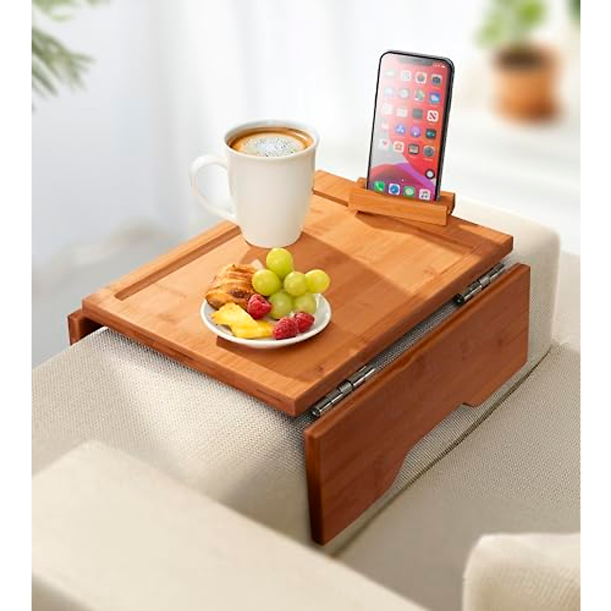 Couch Arm Table Tray with Phone & Tablet Holder – Brown | Premium Clip-On Sofa Arm Tray for Snacks, Drinks, Remotes, and More – Perfect Sofa Side Table for Living Room Comfort