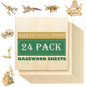 24 Pack 12"x12"Basswood Sheets 1/8",3mm Basswood for Laser Cutting,3mm Plywood Unfinished Wood Craft Wood for DIY Ornaments and Models Drawing Painting Engraving Wood Burning and Laser Cutting