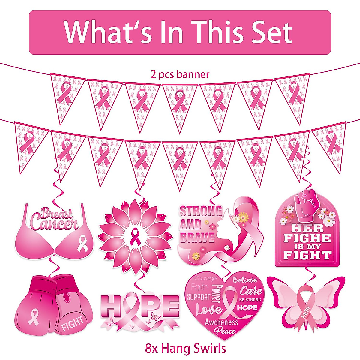 Breast Cancer Awareness Decorations, with 1pcs No DIY Breast Cancer Awareness Banner and 8pcs Breast Cancer Decorations Hanging Swirls, Breast Cancer Awareness Decorations for Office