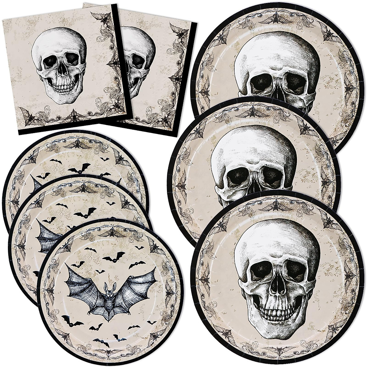 DYLIVeS Halloween Party Plates and Napkins Set, 150 Pcs Halloween Skull Bats Tableware for Boys Adult Happy Halloween Party Supplies Disposable Dinnerware Holiday Halloween Decorations, Serve 50