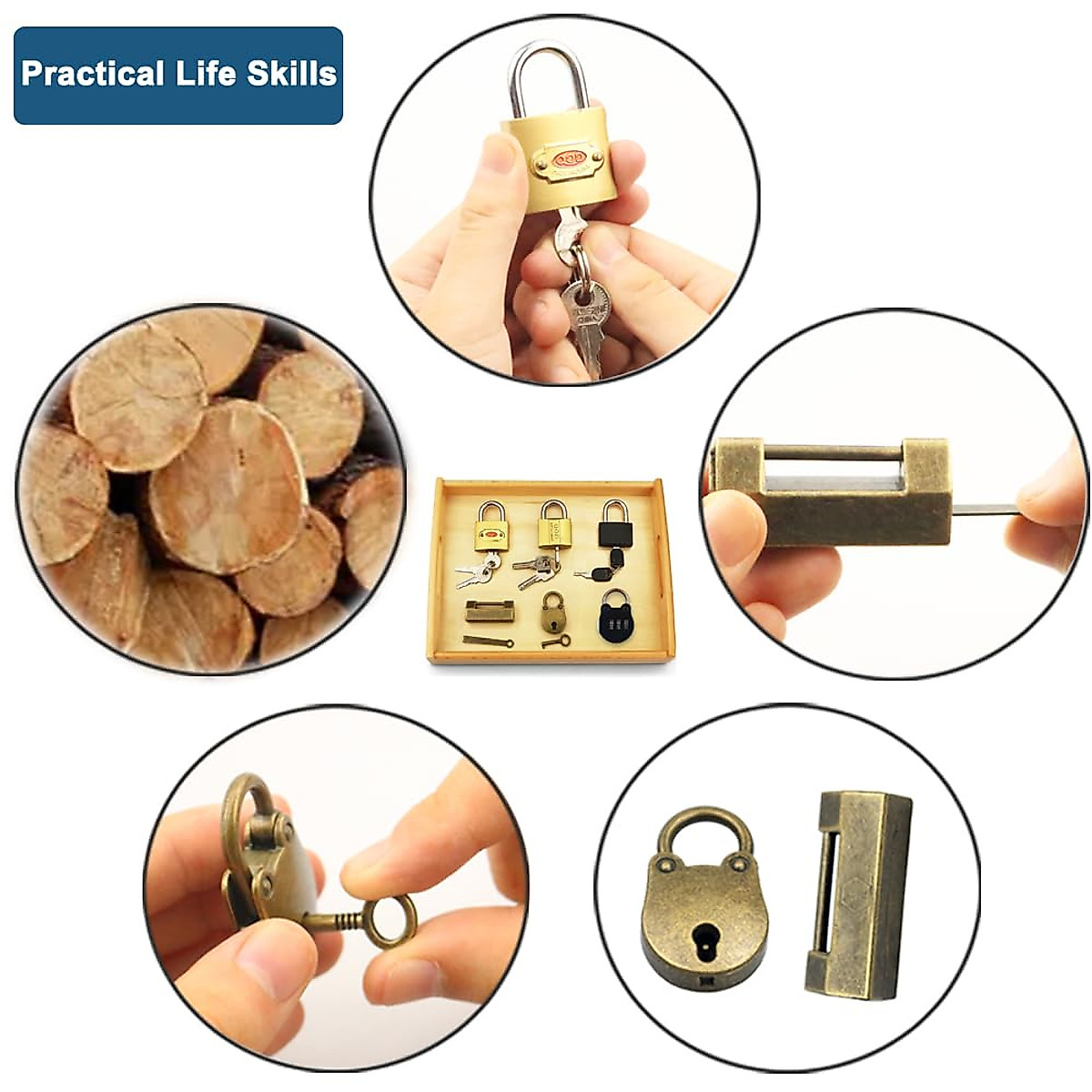 Inslat Montessori Lock and Key Toy Set for Toddlers, Montessori Elementary Materials Educational STEM Toy Matching Games Lock Set with Wooden Tray for 3 4 5 Year Old Kids