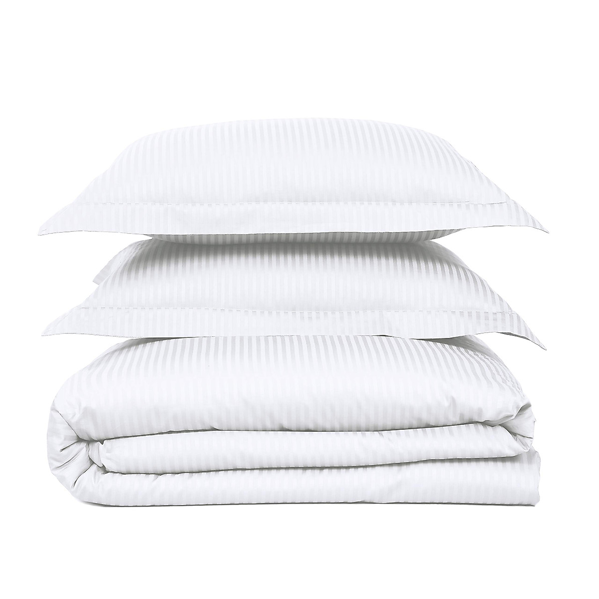 Feather & Stitch Queen Size Duvet Cover Set, 500 Thread Count Damask Stripe 3 Piece Full Size Duvet Insert Cover Set, 100% Pure Cotton Comforter Cover, 2 Pillow Shams, Zipper Closure - White