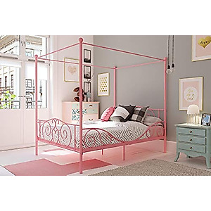 DHP Metal Canopy Kids Platform Bed with Four Poster Design, Scrollwork Headboard and Footboard, Underbed Storage Space, No Box Sring Needed, Full, Pink
