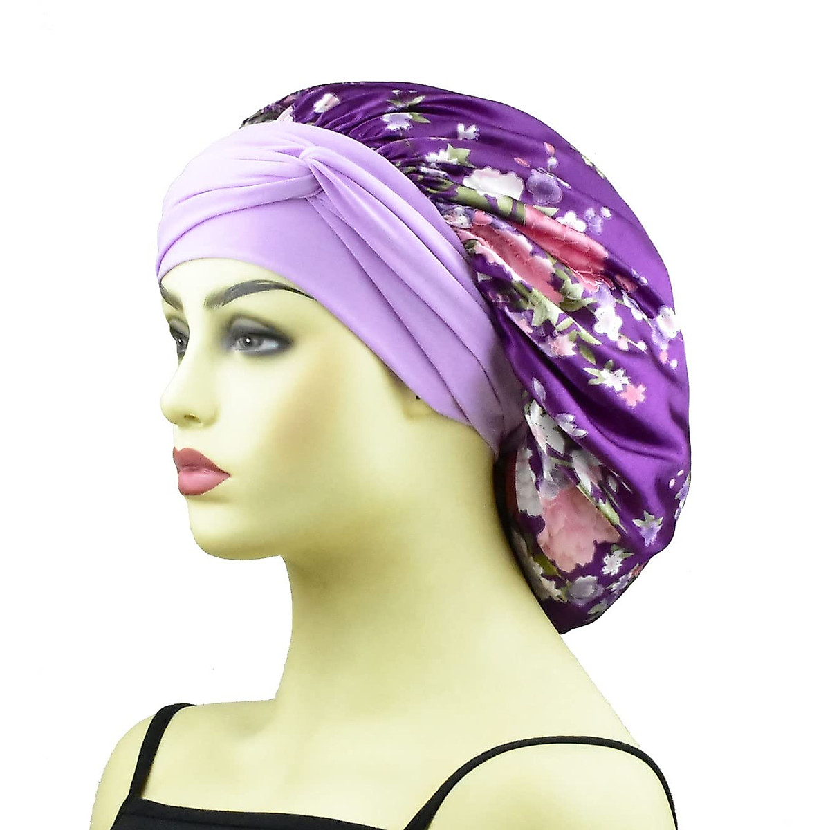 Silk Bonnets Satin Bonnet for Women Curly Hair Covers Large Sleep Hair Bonnets Sleeping Night Cap Silk Bonnet with Tie Band (Black + Pink Floral + Purple Floral)
