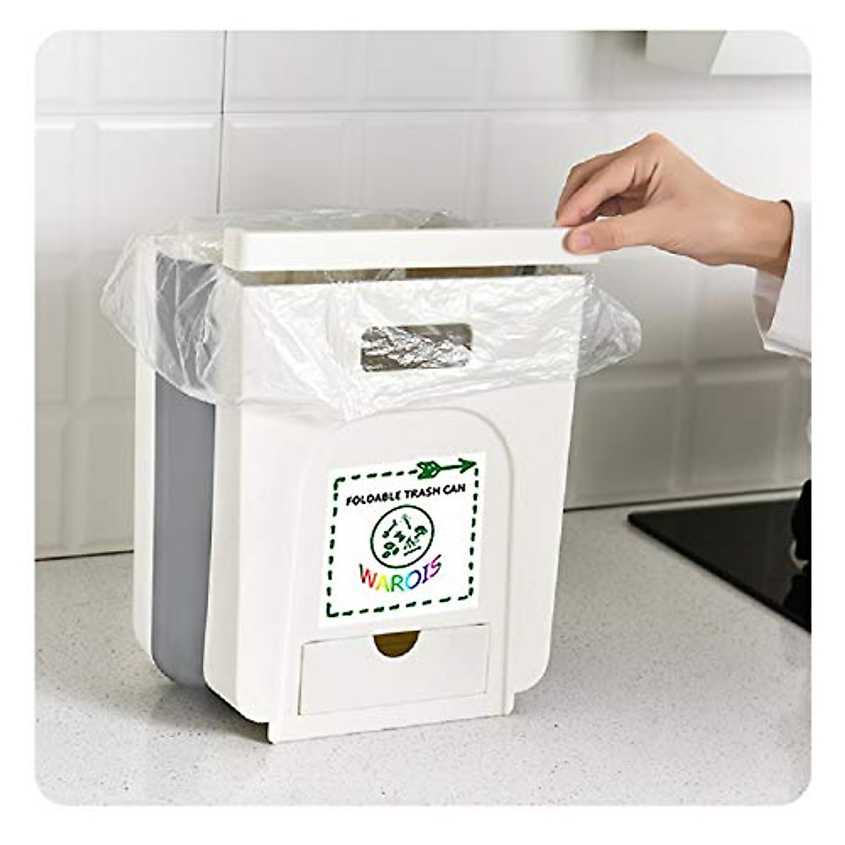 Upgrate Foldable Trash Can 9L Hanging Folding Garbage Bin with Waste Bag Pocket for Home & Portable Outdoor Collapsible Trash Bin (White)