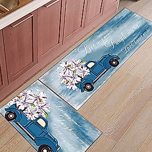Kitchen Rugs and Mats Set Non-Slip Cushioned Anti-Fatigue Mat Machine Washable 2 Pieces Rug Set Kitchen Mats, Live Simply Laugh often Love Deeply Blue Truck Carrying Magnolia 15.7"x23.6"+15.7"x47"