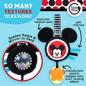 KIDS PREFERRED Disney Baby Mickey Mouse Hanging Toy, Black and White High Contrast Crinkle Plush, Boys and Girls Ages 0+, Stroller On The Go Activity Toy (81246)