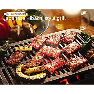 IronMaster Pre-Seasoned Cast Iron Hibachi Grill & Carrying case, Portable for Outdoor Japanese Yakitori BBQ Charcoal Grills, 2 Heights, Air Control & Coal Door