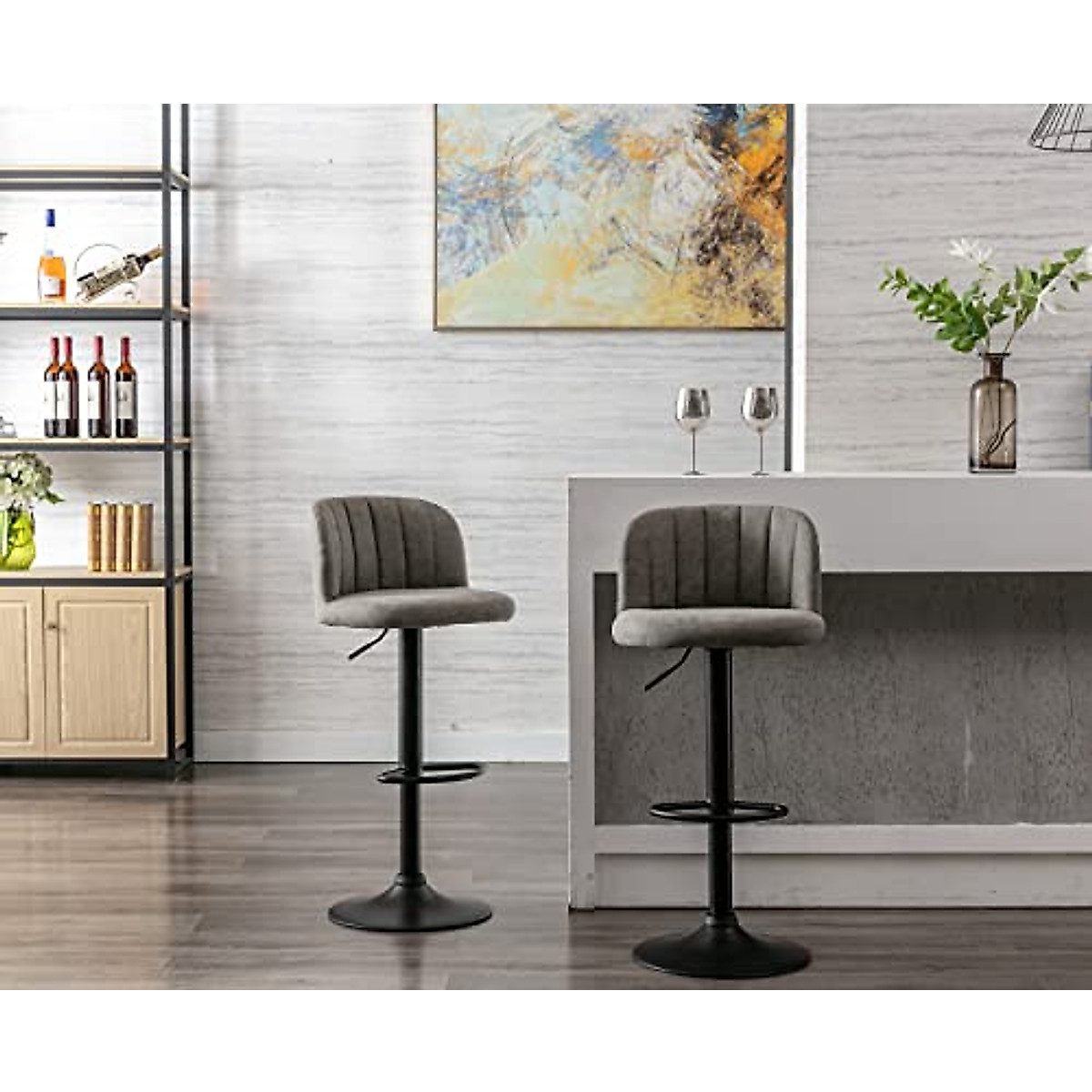 Janoray Counter Height Bar Stools Set of 2 Swivel Adjustable Farmhouse Bar Chairs with Back for Kitchen Counter Island Home Pub, Fabric Grey