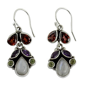 NOVICA Artisan Handmade Amethyst Moonstone Chandelier Earrings .925 Sterling Silver Multigem from India Garnet Peridot Clear Green Multicolor Purple Red Dangle Birthstone 'Rainbow'