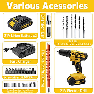 DEVONIC Cordless Drill Set,21V Electric Drill with 2 Lithium Battery and Charger,3/8"Keyless Chuck,25+1 Torque Setting and 28pcs Drill Screwdriver Bits