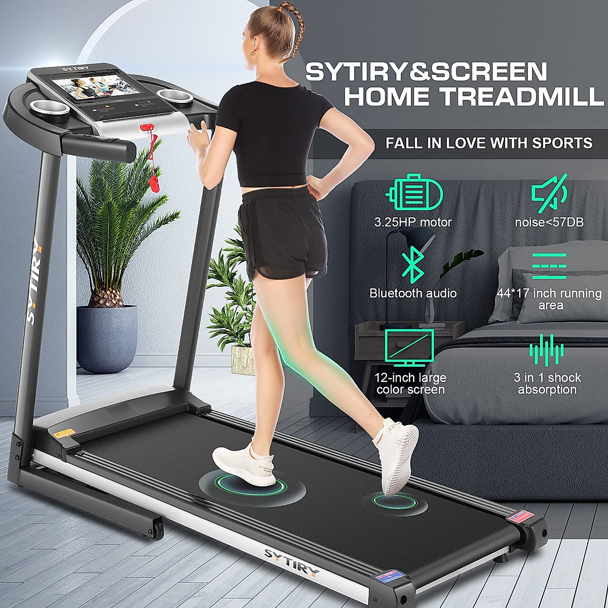 sytiry Treadmill with Large 10'' HD TV Touchscreen,Folding 3.25HP Brushless Motorand Incline Treadmills,WiFi Connection,3D Virtual Sports Scene,YouTube,Bluetooth Speakers etc,Treadmill for Gym