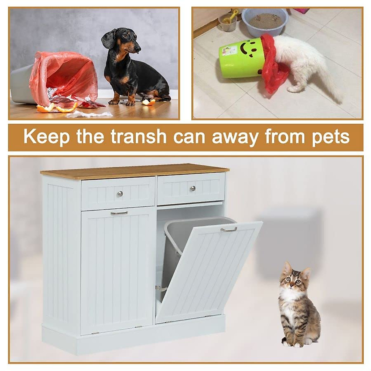 kinbor Double Tilt Out Trash Cabinets - Wooden Kitchen Trash Cabinet Bin, Free Standing Trash Can Holder & Recycling Cabinet with Hideaway Drawers, White