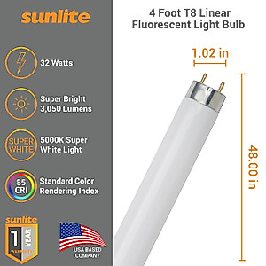 Sunlite 30246 F32T8/SP850 4 Foot T8 Linear Fluorescent Light Bulb, 32 Watts, 3050 Lumens, Medium Bi-Pin (G13) Base, 5000K Daylight, High Performance, 10 Pack