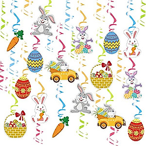 Mocossmy Easter Hanging Swirl Decorations,30 PCS Easter Egg Baskets Bunny Carrot Hanging Swirl Foil Ceiling Streamers for Easter Spring Home Office Classroom Party Ornaments Favors Supplies Decoration