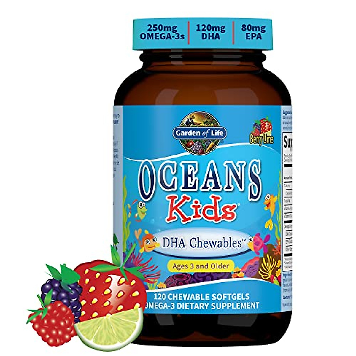 Garden of Life Oceans DHA Supplement for Kids with 250mg of Omega 3s, EPA, Vitamin D3 & A Pure Cod Liver Fish Oil Chewable for Brain, Heart & Immune Health - Berry Lime, Sugar Free, 30 Servings