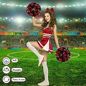 Hanaive 6 Pcs 13 Inch Cheerleading Pom Poms and Large Bows for Girl Cheer Poms Metallic Poms with Handle for Softball Dance(Red and Black)