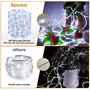 Speclux Solar Rope String Lights, 33ft 200LED Solid Tube Fairy String Lights, Waterproof Outdoor Starry Lights with 8 Lighting Modes for Patio, Garden, Gate, Yard, Party, Home Decoration(Cool White)
