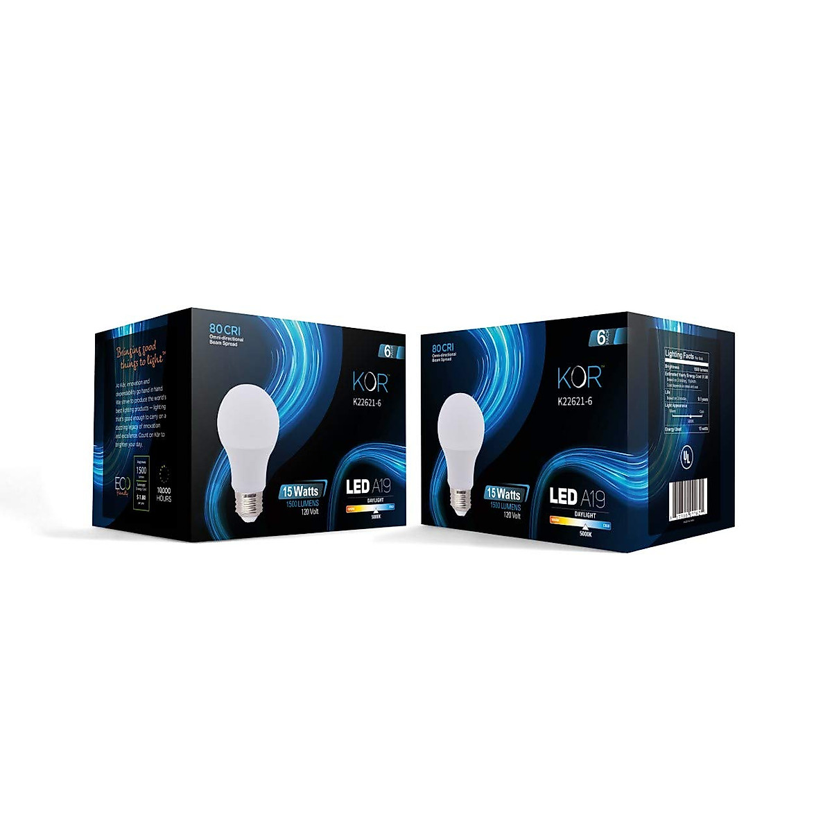 KOR LED Light Bulbs - 6 Pack of 5000K Daylight White Lightbulbs - E26 Base, A19 Size, 15W (100W Incandescent Equivalent) - Long Lasting 1500 Lumen Bright Shatter Resistant Energy Saving Light Bulbs