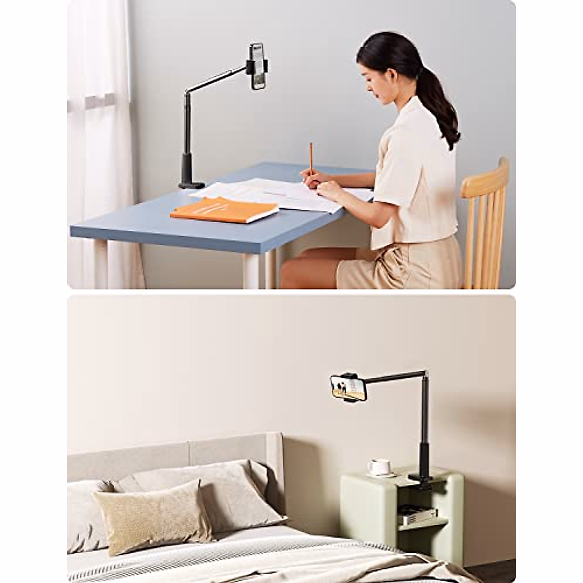 SupeDesk Extendable Cell Phone Stand, C-clamp, Lazy Phone Stand, for 3.5-6.7" Phone, Lying in Bed, Height Angle Adjustable, 360 Rotate, Aluminum Alloy, Lightweight, Black