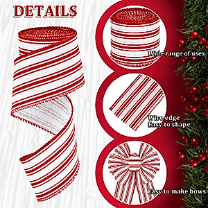 Whaline 2 Rolls Christmas Wired Edge Ribbon Christmas White Red Striped Fabric Ribbon Farmhouse Craft Ribbon for DIY Gift Wrapping Wreath Floral Arrangement Bow Decoration,2.5 Inch x 12 Yard