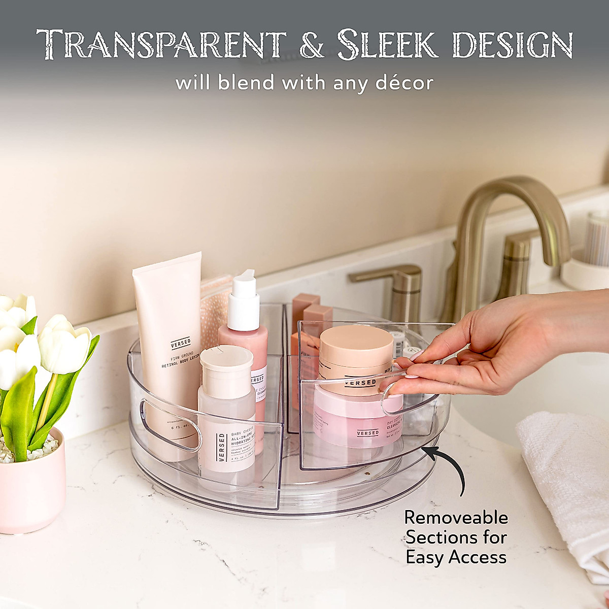 Lazy Susan Turntable - Clear Acrylic, Removable Sections, Rotates 360 Degrees. Easily Organize Your Fridge, Cabinet or Counter. Great Carousel Storage for Food, Spices, Cosmetics. (4-Sections)