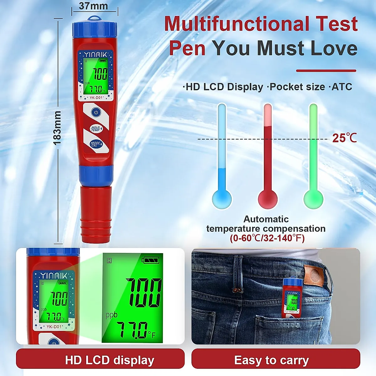 Hydrogen Water Tester, YINMIK 2024 Hydrogen Tester, Digital Hydrogen Water ppb/ppm Meter, Dissolved Hydrogen Test Pen, Accurate ORP Tester, 4 in 1 pH H2 ORP Temp Test kit for Hydrogen Water Bottle