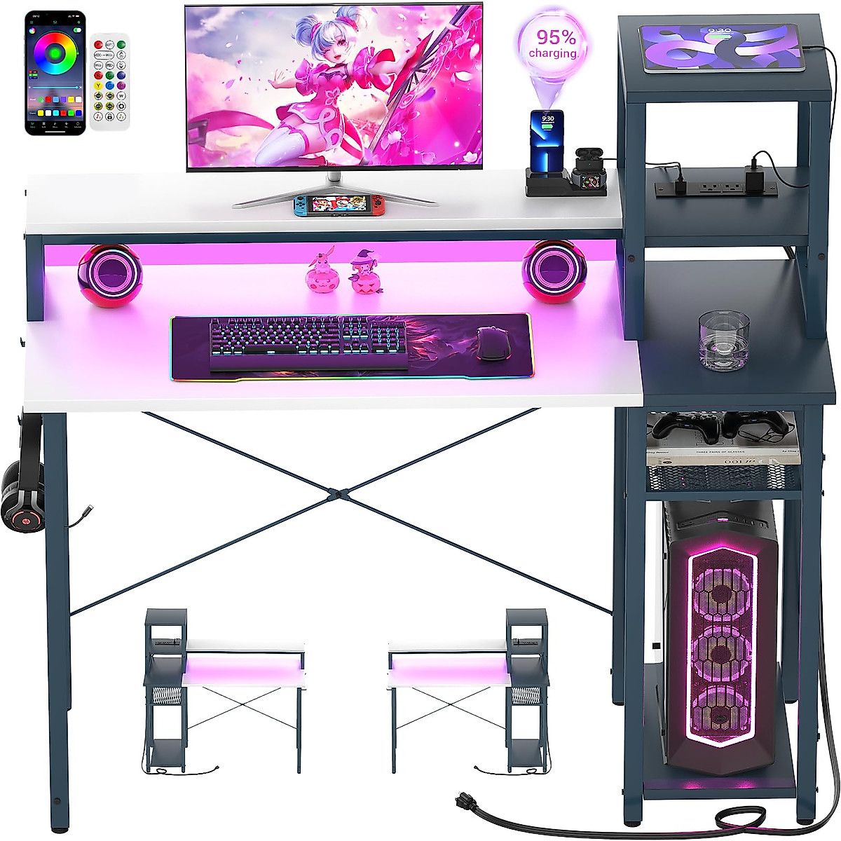 armocity 2024 Upgrade Gaming Desk with LED Lights, Small Computer Desk with Long Monitor Stand, 40'' Reversible Laptop Table with Shelves, Small Desk for Small Spaces, Gaming Room, White and Blue