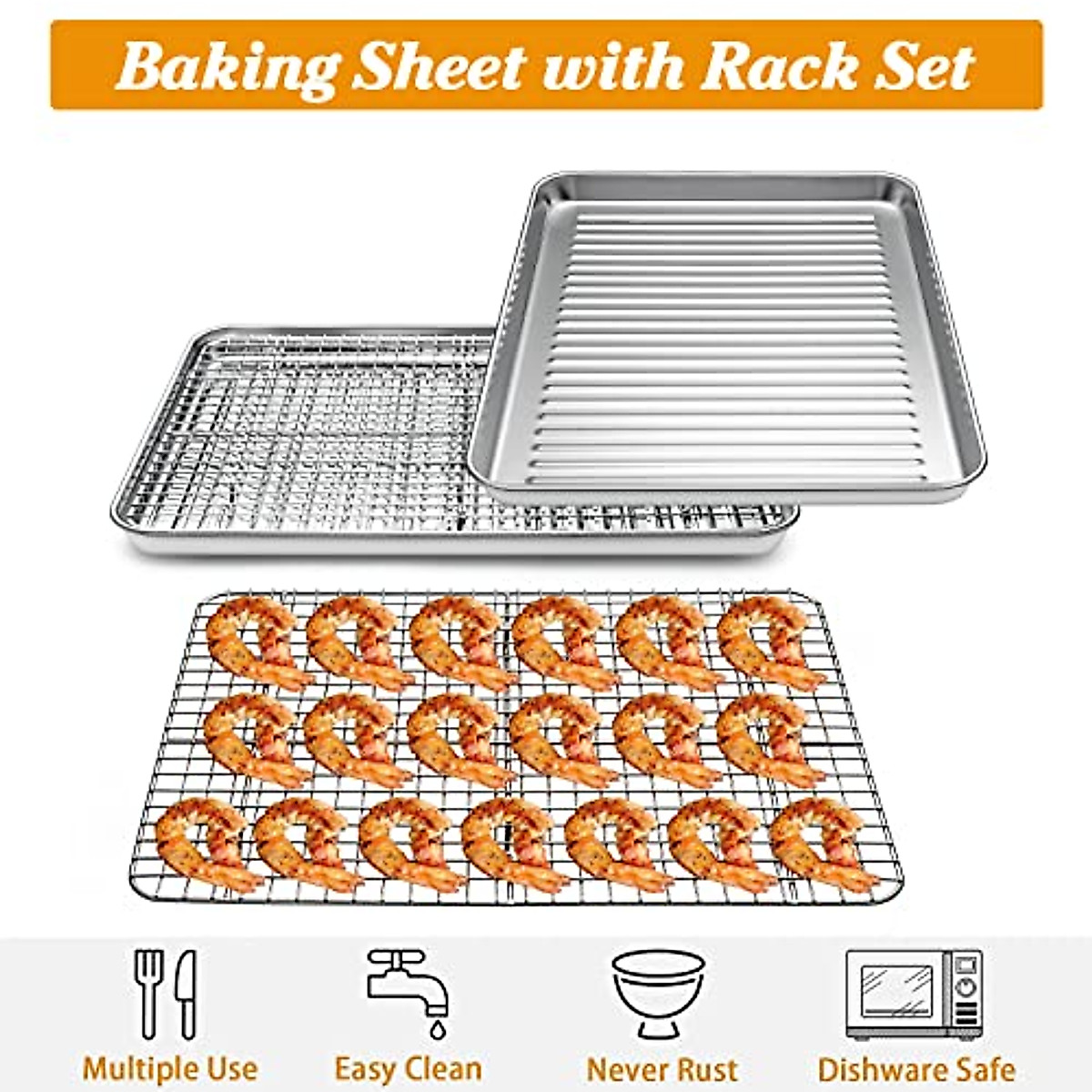 Stainless Steel Baking Sheet with Rack Set [2 Pans + 2 Racks], Cookie Sheet with Cooling Rack, Size 16 x 12 x 1 Inch, Non Toxic & Heavy Duty & Easy Clean (16 x 12 x 1 inch)