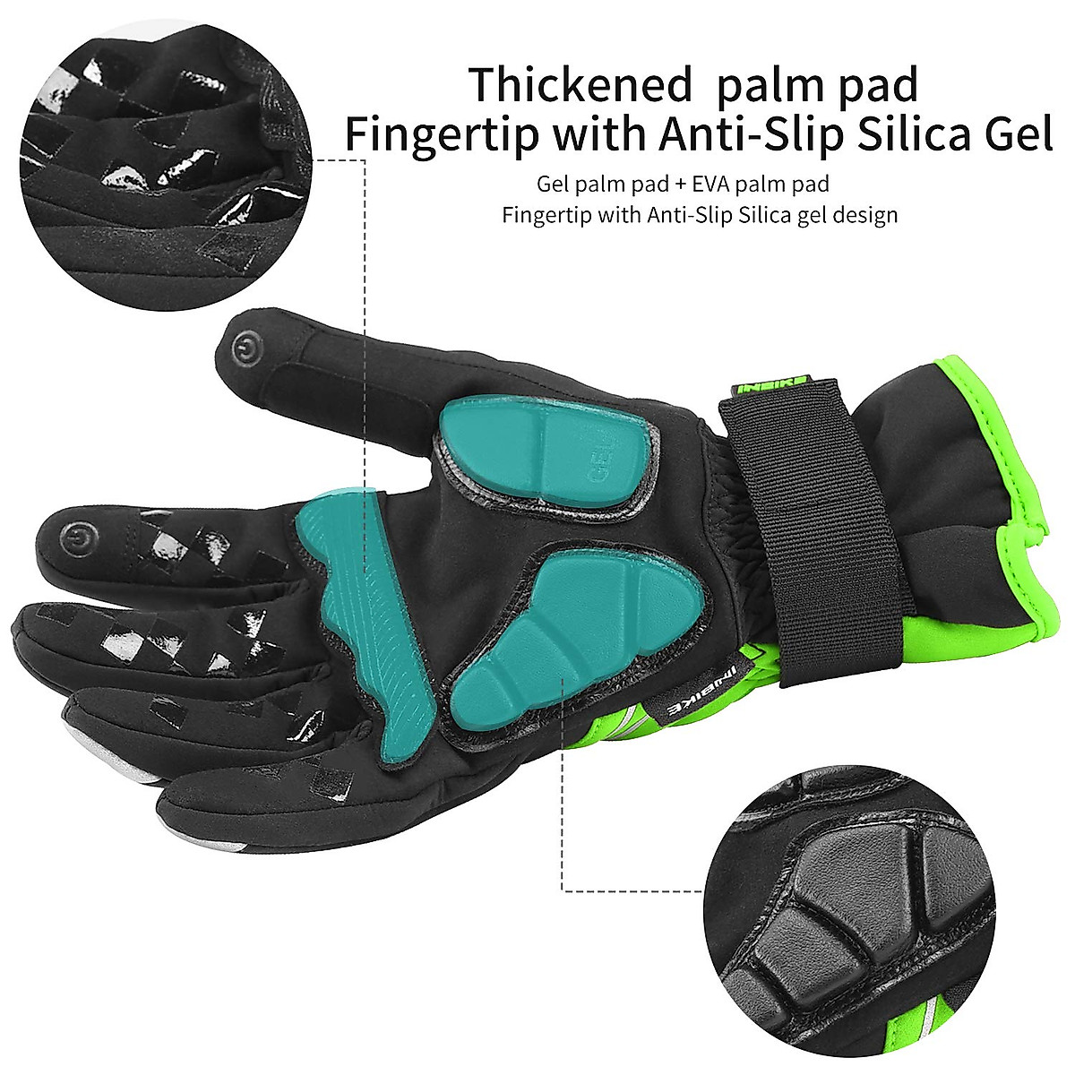 INBIKE Cycling Winter Gloves,for Men Windproof Reflective Thermal Gel Pads Touch Screen MTB Mountain Bike Green Large