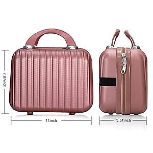 Hard Shell Makeup Case 11 inch Train Cosmetic Bag Travel Organizer Make up Toiletry Jewelry Portable ABS Mini Makeup Suitcase with Elastic Strap Gifts for her,RoseGold