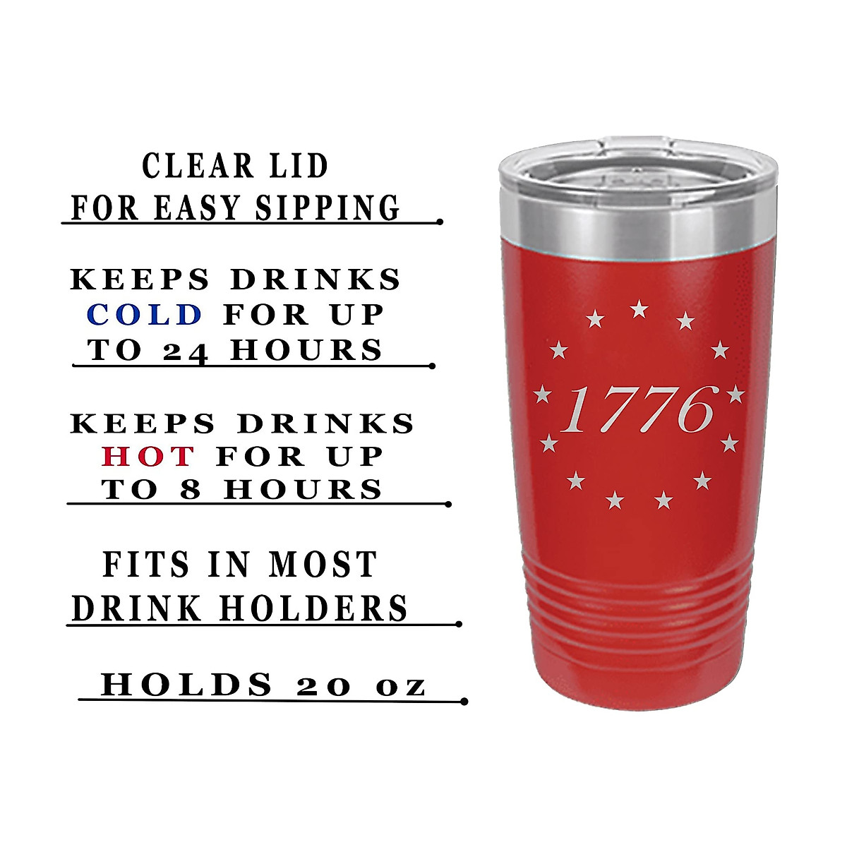 Rogue River Tactical Betsy Ross 1776 American USA Flag 20 Oz. Travel Tumbler Mug Cup w/Lid Vacuum Insulated Hot or Cold Military Vet Gift (Red)
