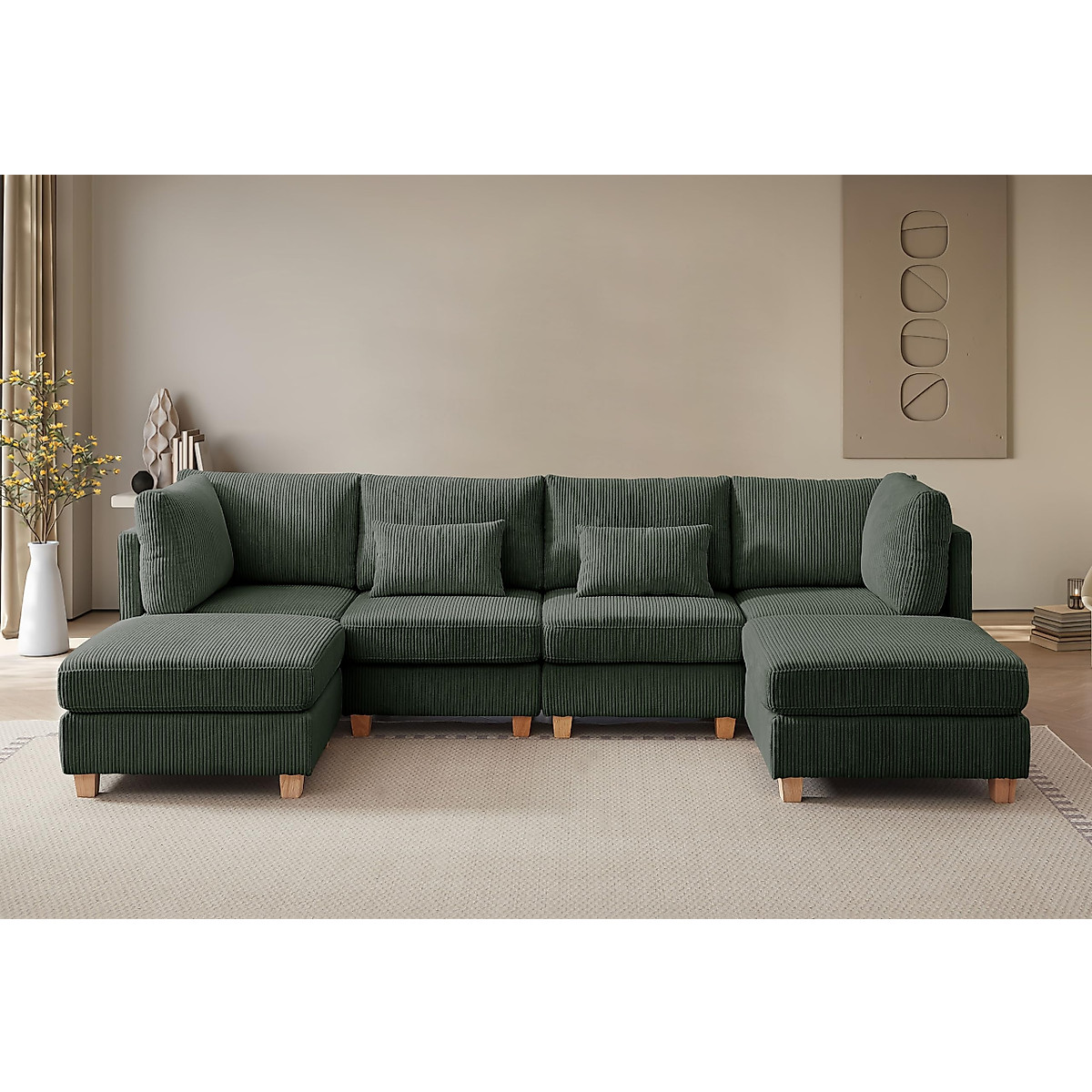MYINDA U Shaped Sectional Couches for Living Room, 110 Inch Modular Sectional Sofa with Movable Ottoman, Corduroy Oversized Living Room Furniture Sets (Dark Green)