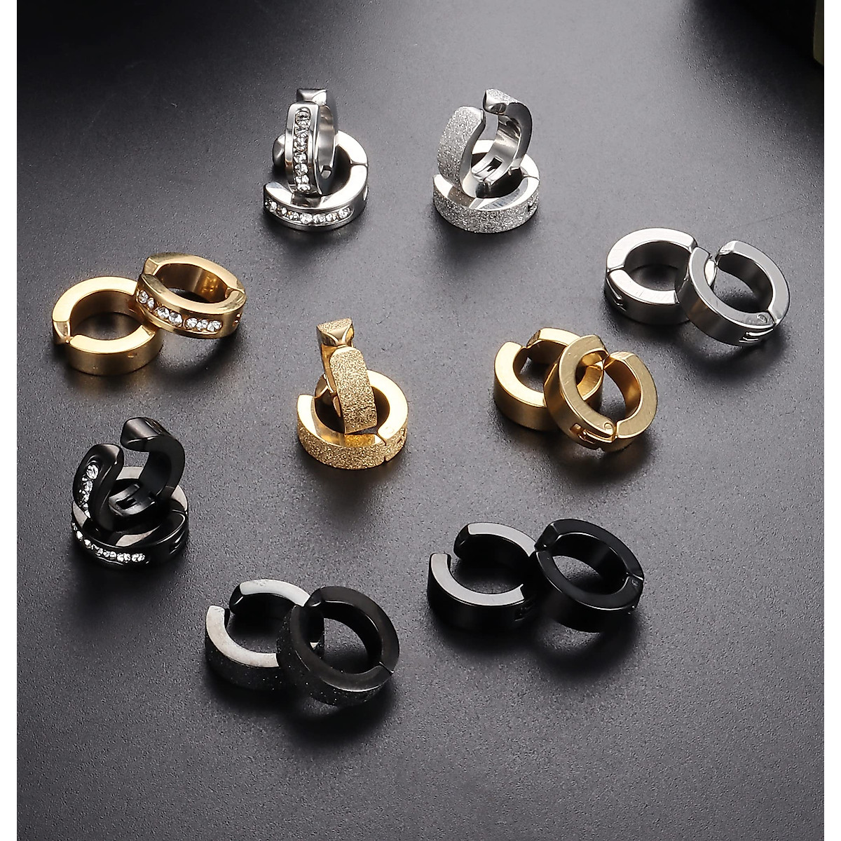 FIBO STEEL 9 Pairs Non-Piercing Earrings Stainless Steel Clip On Hoop Earrings For Men Women Paved CZ Ear Clip