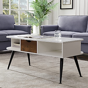 White Coffee Table, Mid Century Modern Coffee Table with Storage, Farmhouse Coffee Table, Living Room Tables, Center Table Coffee Table with Storage Shelf, 44.09" L x 20.08" W x 19.69" H