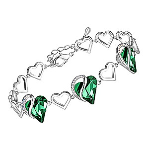 Leafael Infinity Love Heart Link Bracelets, May Birthstone Crystal Bracelet for Women, Silver Tone Jewelry Gifts for Her, Emerald Green, 7-inch Chain and 2-inch Extender