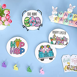 Whaline 4Pcs Easter Ceramic Coaster Set Bunny Gnome Egg Carrot Prints Drink Coasters Cartoon Style Absorbent Coasters for Easter Egg Hunt Home Decor Table Protection Housewarming Gifts