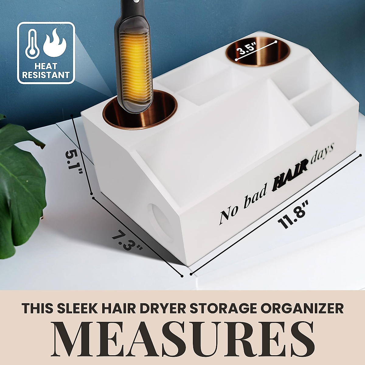 Hair Tool Organizer w/ 7 Compartments - Wooden Hair Product Organizer - Hair Straightener, Brushes, Bathroom Hair Dryer Holder w/ 2 Rose Gold Cups - Hot Tools Organizer for Bathroom Counter or Vanity