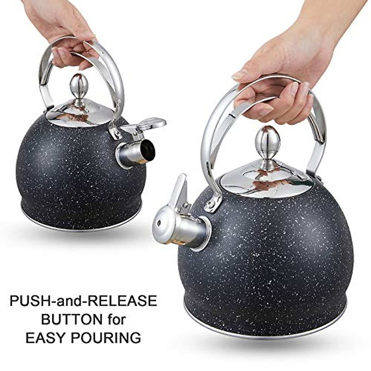 Creative Home 2.5 Qt. Stainless Steel Whistling Tea Kettle Teapot with Aluminum Capsulated Bottom for Fast Boiling Heat Water, for Induction Stove Top, Opaque Black with Speckle