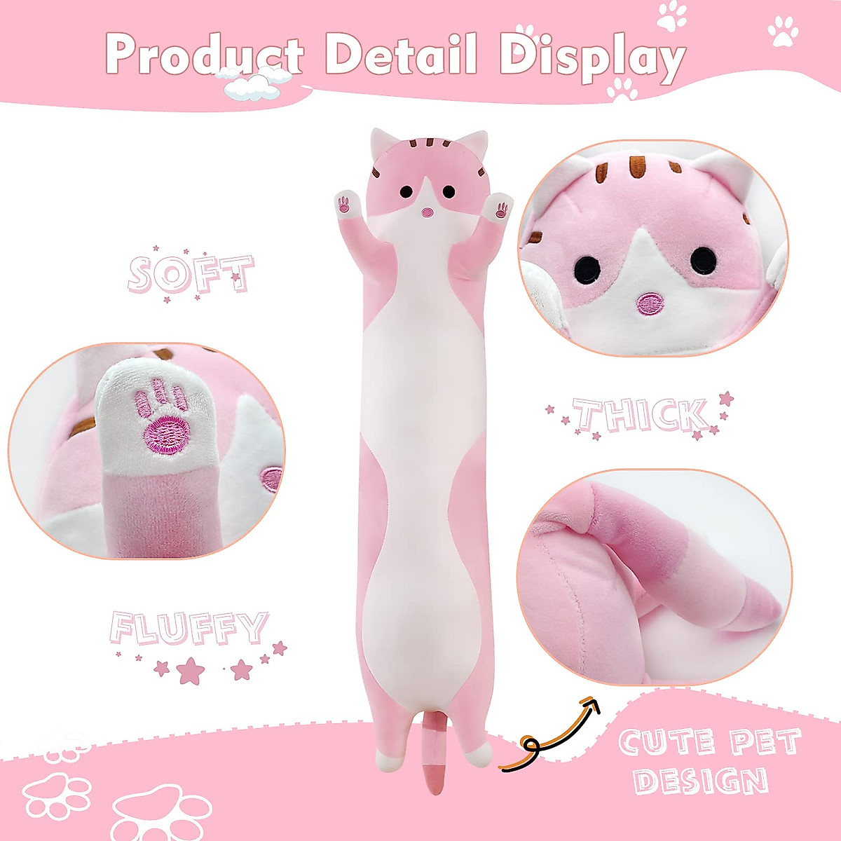 NXNYNZ Long Cat Plush Pillow, 19.6in Cute Pink Cat Plushie Stuffed Animals Body Pillow, Kawaii Kitten Soft Plushie Doll Toy Birthday Gift for Kids Girlfriend