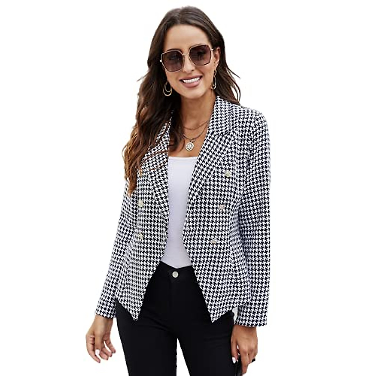 SheIn Women's Houndstooth Long Sleeve Lapel Collar Double Breasted Blazer Jacket Black and White Large