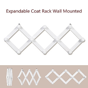TRSPCWR 2 Pack Accordion Wall Hanger, Expandable Coat Rack Wall Mounted, Solid Wooden Wall Hat Rack, Wood Hat Hanger for Hanging Coat, Hats, Caps, Mugs, 10 Peg, White