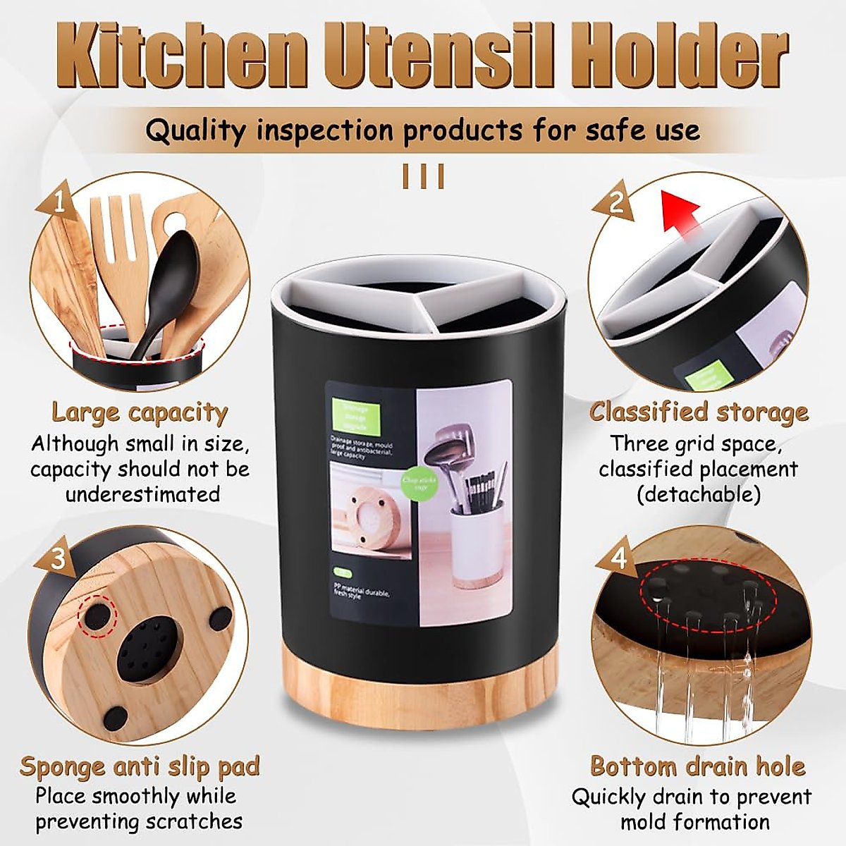 Tiosamd Kitchen Utensil Holder Tableware Storage Bucket, Spoon Chopsticks Fork Drain Rack Utensil Crock for Counter, Household 3-Format Tableware Drainer with Removable Divider and Wooden Base
