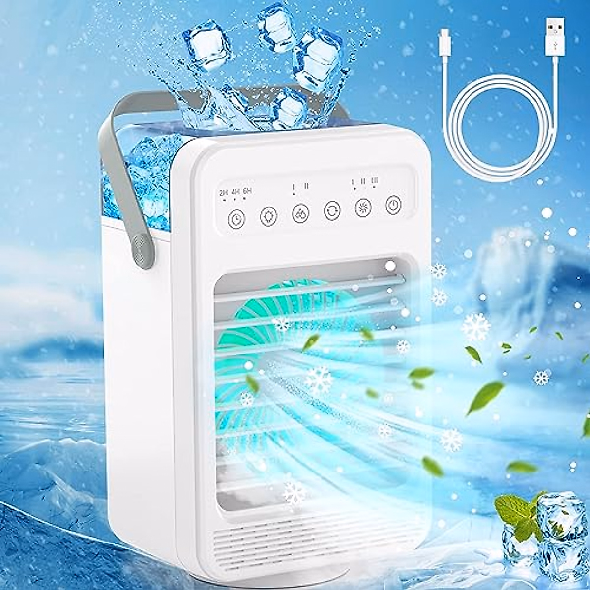 Evaporative Misting Fan with Timer, USB Portable Air Conditioner Fan, 4 Speeds with Night Light, 4 IN 1 USB Personal Air Cooler Desk Fan,Adjustable Head 90° Rotatable for Home Room Office