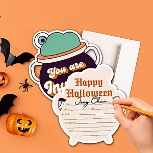 Deluxe Halloween or Costume Party Invitations, 25 Shape Fill-in Cards with Envelopes, Pumpkin, Ghost, Monster, Cute Trick or Treat, Box or Treat for Kids Birthday or Adult party - 4"X6" (JRM369)